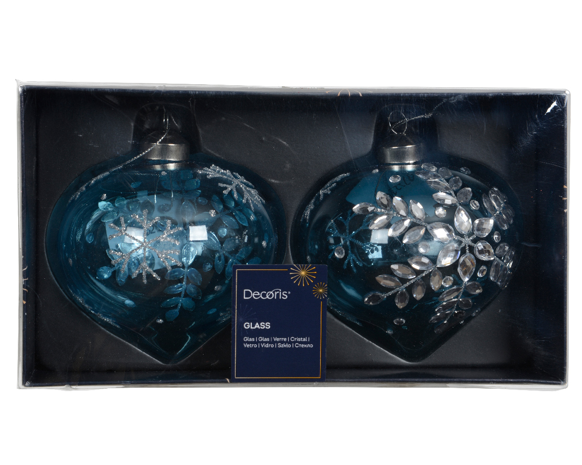 Glazen Kersthangers – Set van 2 – Blauw met IJsdecoratie (Ui-vorm) Pre-order - Infinity Decoration